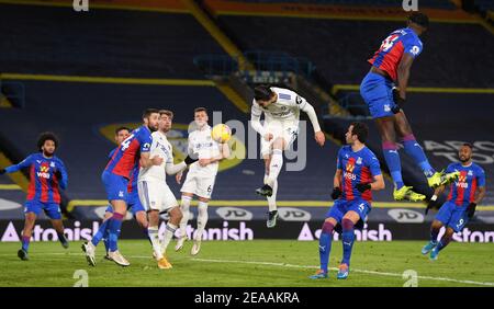 Leeds United's Pascal Struijk heads the ball wide during the Premier ...