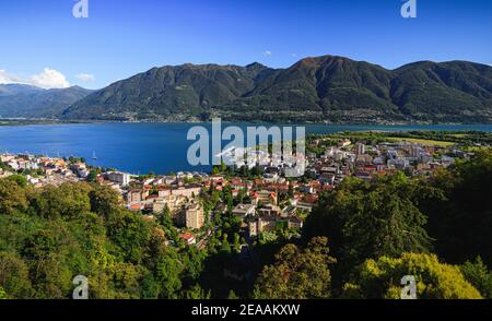 above Locarno city switzerland during summer season with blue sky and ...