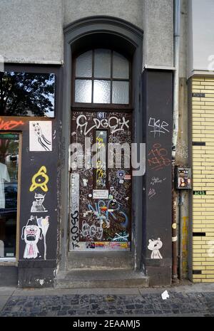 House facade, graffiti, front door, house entrance, window, old town ...