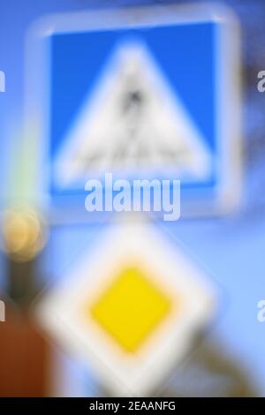 Pedestrian Crossing and Priority road signs outdoors Stock Photo - Alamy