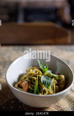 Pesto Spaghetti with shimp in high contrast italian food Stock Photo ...