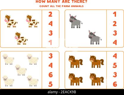 Count all farm animals and circle the correct answers. Math game for ...