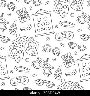 Ophthalmology hand drawn set. Contact lens, eyeball, glasses, phoropter ...