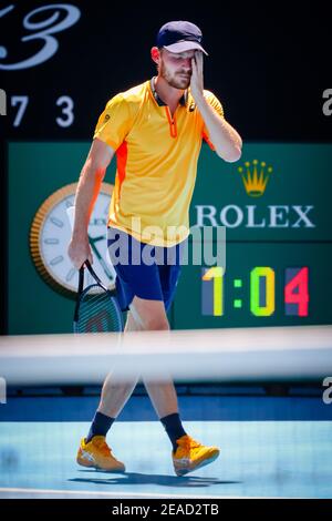 Belgian David Goffin reacts during a tennis match between Belgian David ...
