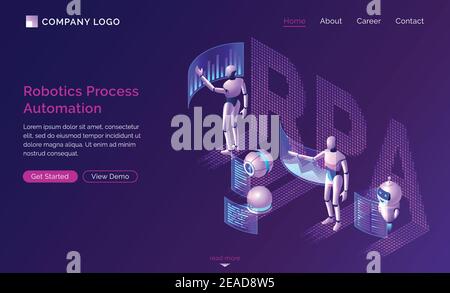 Isometric RPA. Robotic process automation, futuristic artificial intelligence robots and AI ...