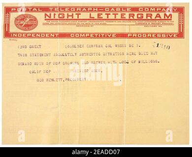 A night lettergram from California hop growers to John E. Raker, dated April 28, 1917. The ...