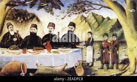 'Feast at Gvimradze' by Niko Pirosmani is an oil painting on oilcloth, depicting a Georgian ...