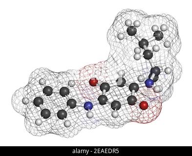 6PPD rubber additive molecule. Toxic to salmon. 3D rendering. Atoms are ...