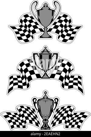 Sport winner trophies. Racing award cup with checkered flag, gold wings ...