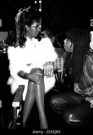 Rick James visits Mary Wilson backstage before her performance at the ...