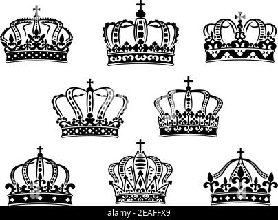 An illustration of different designs of crowns for a queen on a white ...