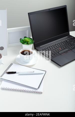 The gray desk with laptop, notepad with blank sheet, pot of flower ...