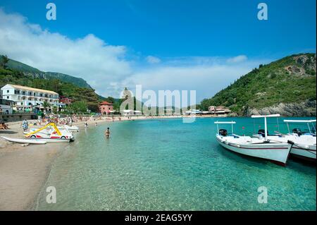 Agios Spyridon, Main sandy beach at Paleokastritsa, Corfu, Ionian ...