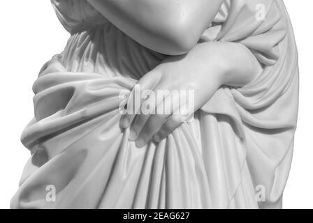 White stone statue of a man holding a woman in outdoor location with ...