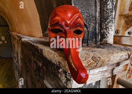 Leather theatre mask of Il Capitano (The Captain) by artist Carlo Setti ...
