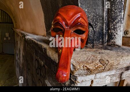 Leather theatre mask of Il Capitano (The Captain) by artist Carlo Setti ...
