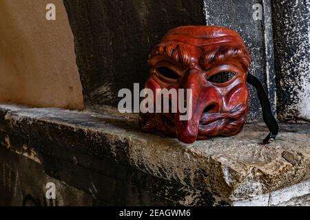 Leather theatre mask of Il Capitano (The Captain) by artist Carlo Setti ...