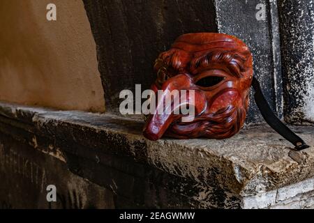 Leather theatre mask of Il Capitano (The Captain) by artist Carlo Setti ...