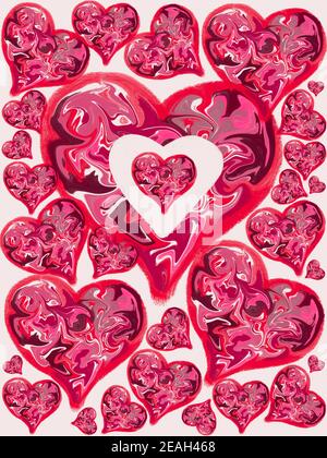 Decorative hearts made with swirls of liquid marble paper texture for ...