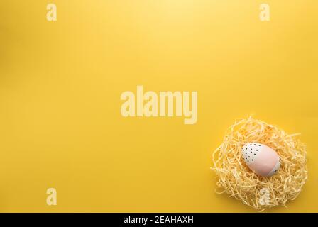 Colored Easter egg in nest on yellow background Stock Photo - Alamy