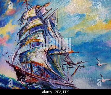 Art, painting ,Oil color, Auspicious, junk ,barque , Thai land Stock ...