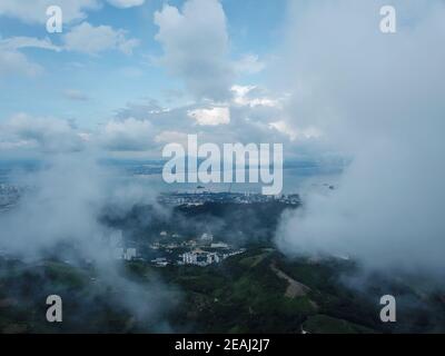 Aerial view Penang first bridge. Background is Pulau Jerejak and Penang ...