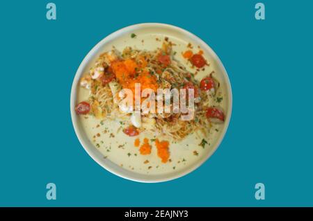 Spaghetti Ebiko, Topping with ebiko on blue background . Seafood Stock ...