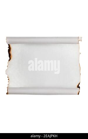 Rolled-up piece of paper with the scorched edges. Isolated on white ...