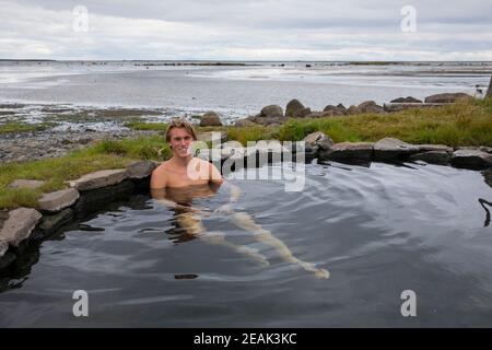 Krosslaug Geothermal Hot Pot, Westfjords Iceland Stock Photo - Alamy