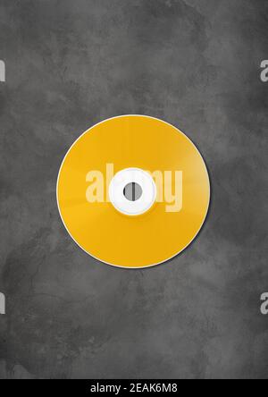 Yellow CD - DVD label mockup template isolated on horizontal concrete ...
