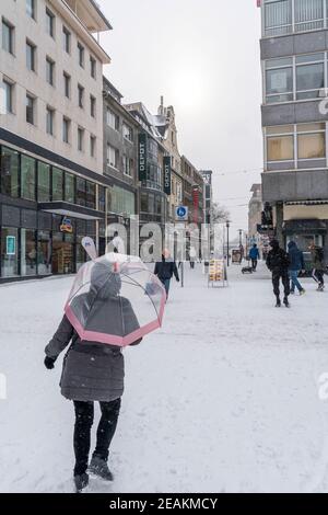 Inner city of Essen, onset of winter, lots of fresh snow and daytime ...