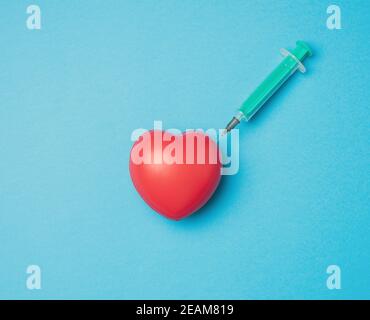 red heart and a stuck needle of a plastic syringe into it, white mask ...