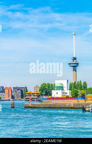 Riverside of New Maas with Euromast tower at background, Rotterdam ...