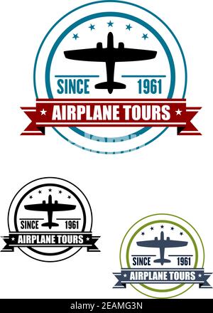 Airplane tours, airline travel icon. Vacation tours aircraft flight ...