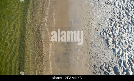 Aerial view of the beach near Bansin on the German Baltic Sea coast ...
