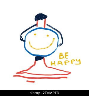 Be Happy. Painting, Modern Abstract Sarcastic cartoon childlike drawing ...