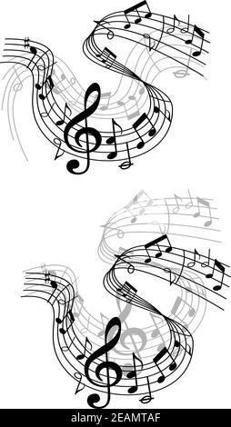 Music wave with notes. Musical swirling line. Isolated sound art vector ...