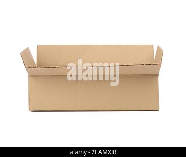 open empty rectangular box made of brown corrugated cardboard on a ...