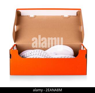 New white shoes in box. Casual man shoes on white background Stock ...