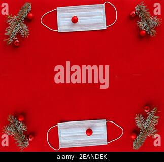Christmas balls background and Medical protective masks. New Year 2021 ...