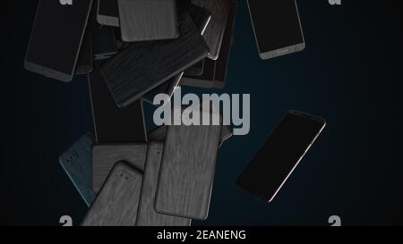 Many falling smartphones, computer generated. 3d render of modern ...