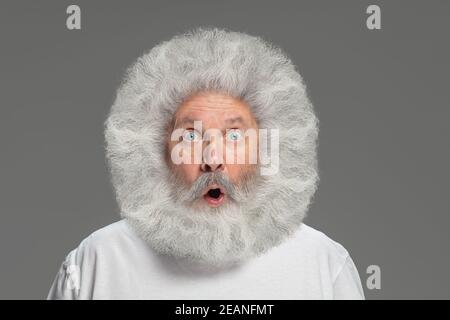 Collage of handsome senior man over white isolated background looking ...