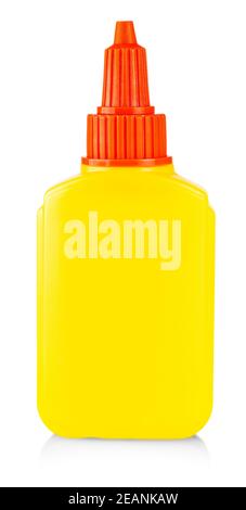 Blank yellow bottle of glue isolated on white Stock Photo - Alamy