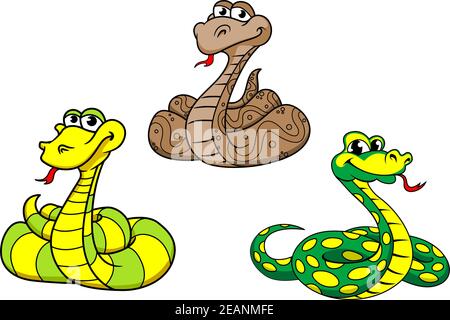 Green snake characters set isolated on white background. Vector cartoon ...