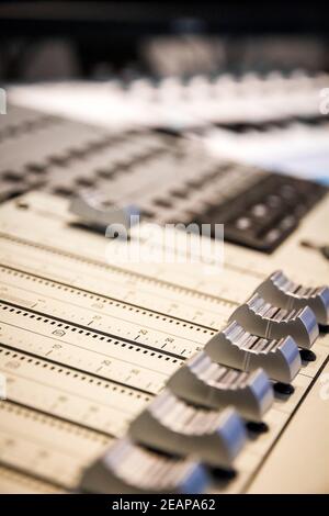 Music console close view background, professional sound device black ...