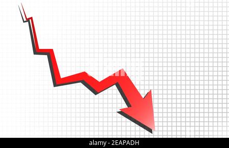 Chart with red down arrow on abstract background. Falling growth in ...