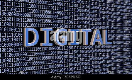 DIGITAL lettering integrated into a binary code screen colored in dark ...