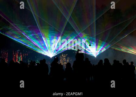 Colorful laser show at night with audience Stock Photo - Alamy