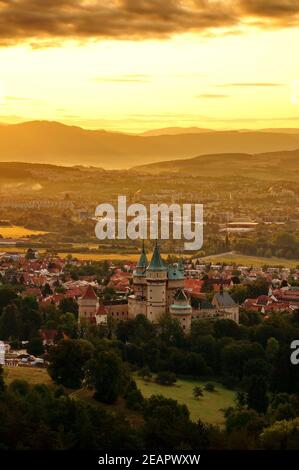 Bojnice castle in Slovakia from a high view with moat and greenery ...