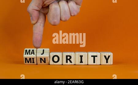 Minority or majority symbol. Businessman turns wooden cubes and changes ...